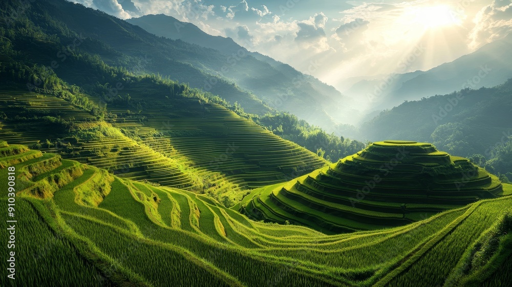 Stunning Rice Terraces in the Mountains at Sunset - Lush green rice ...
