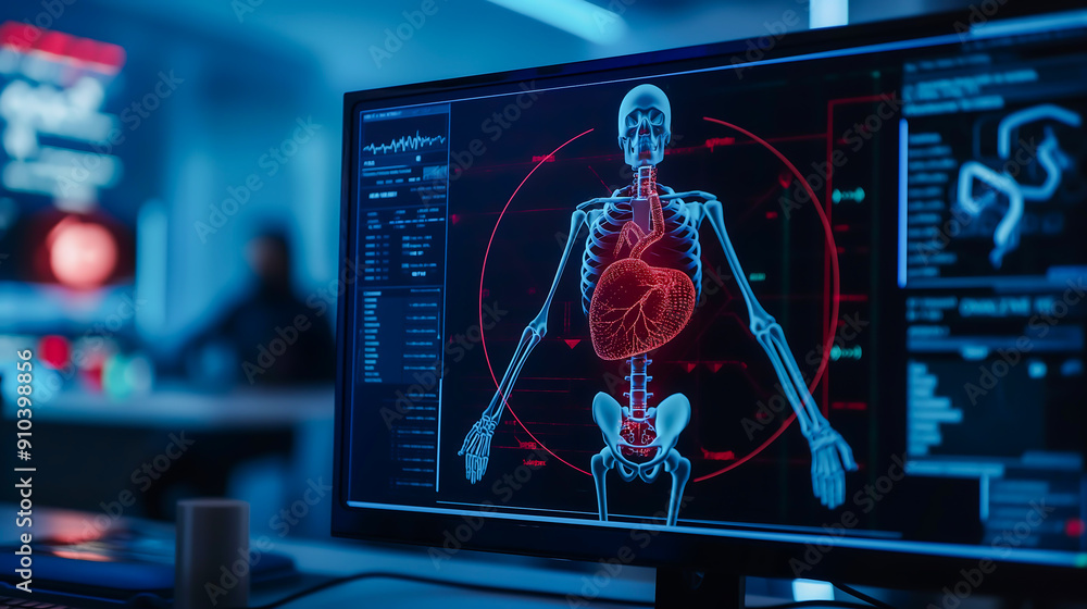 A computer monitor displays a skeleton with a heart, Futuristic ...