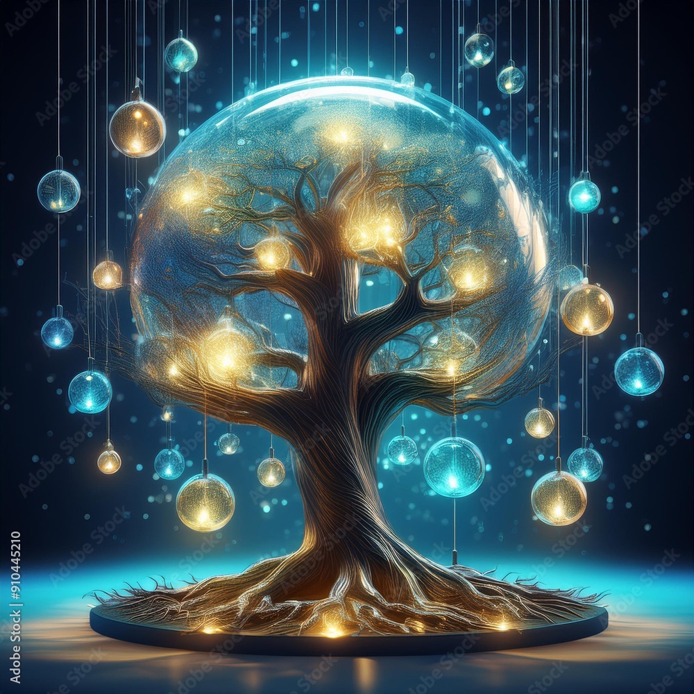 Create an image of a tree with glass balls hanging from its branches ...