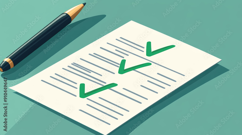 Checklist with pen, application form, survey, document with green ...