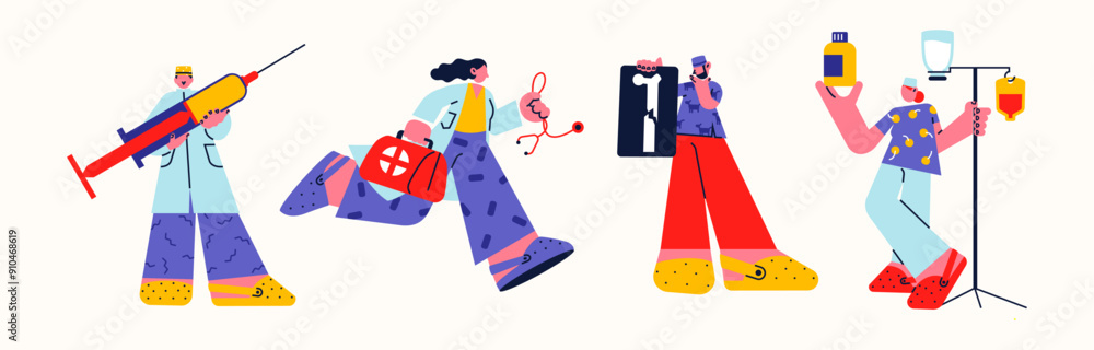 Cartoon characters doctors and ambulance workers. Medical nurses help ...