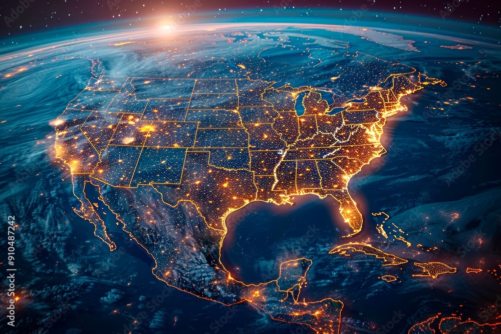 Foto de Stock Night view of North America from space with major cities ...