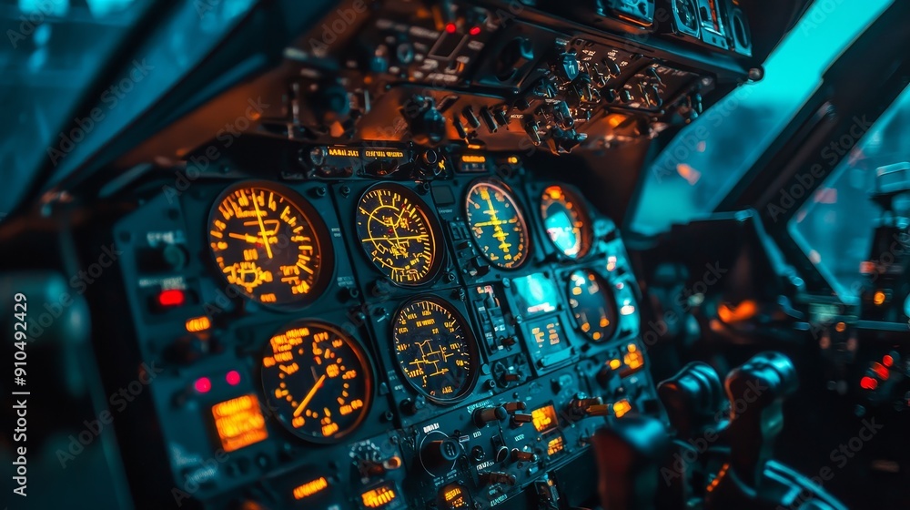 Illuminated aircraft cockpit with control panel Stock Photo | Adobe Stock