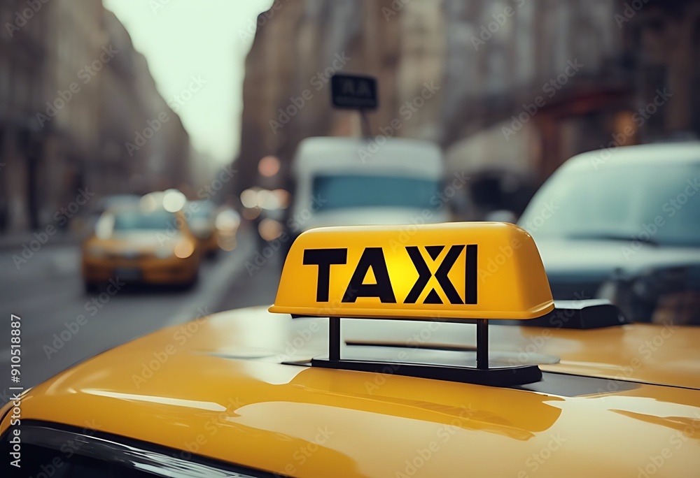 sign taxi vehicle street roof cars focused passengers waiting selective ...