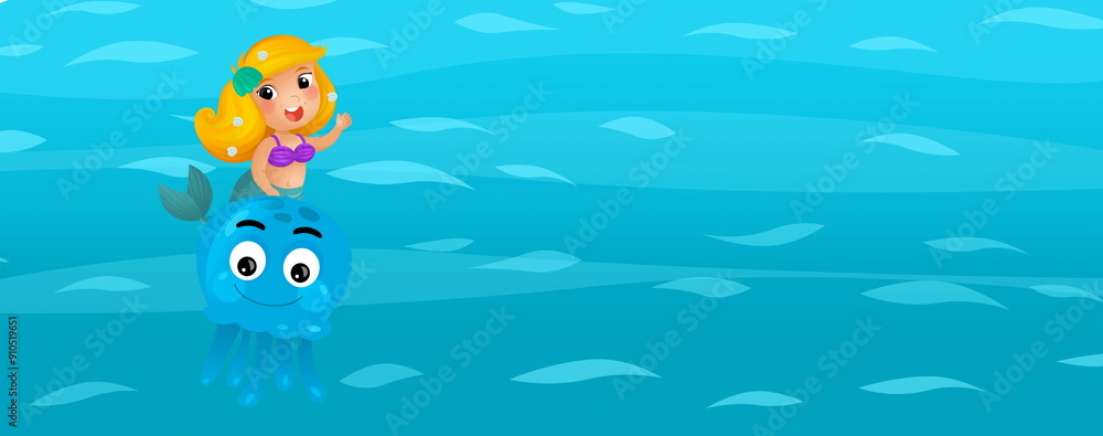 Cartoon ocean and the mermaid in underwater kingdom swimming diving ...
