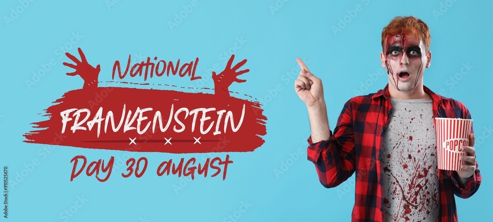 Banner for National Frankenstein Day with young man dressed for horror ...
