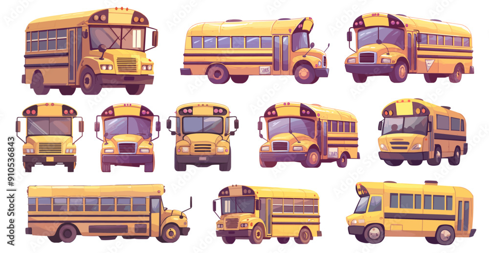 Cartoon school bus set. Students transportation auto in different ...