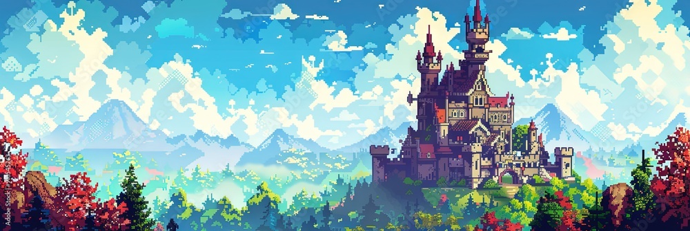 Ilustración de Stock Colorful 16-bit pixel art castle with a scenic ...