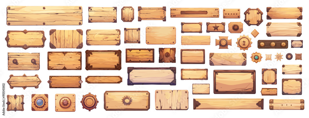 Cartoon wooden user interface set. Game UI design elements wood frames borders buttons menu ...
