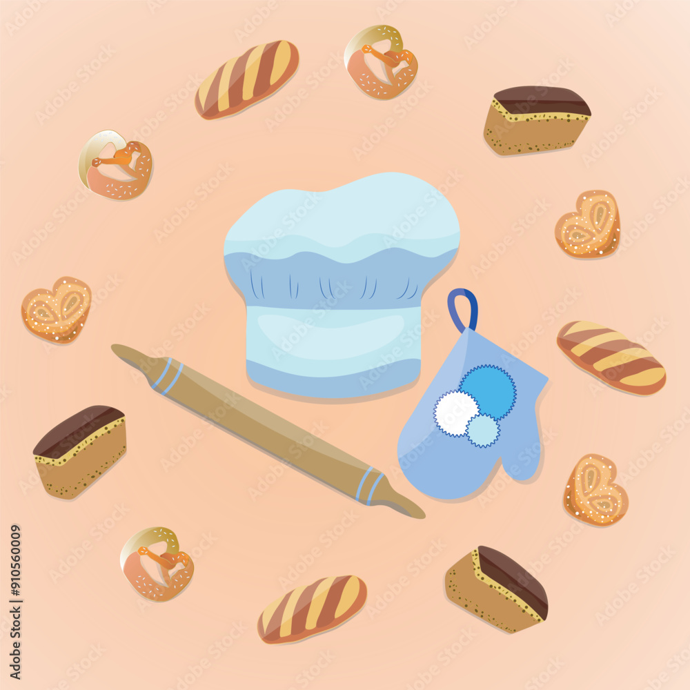 Chef's cap, rolling pin and grip surrounded by pastries, loaves of ...