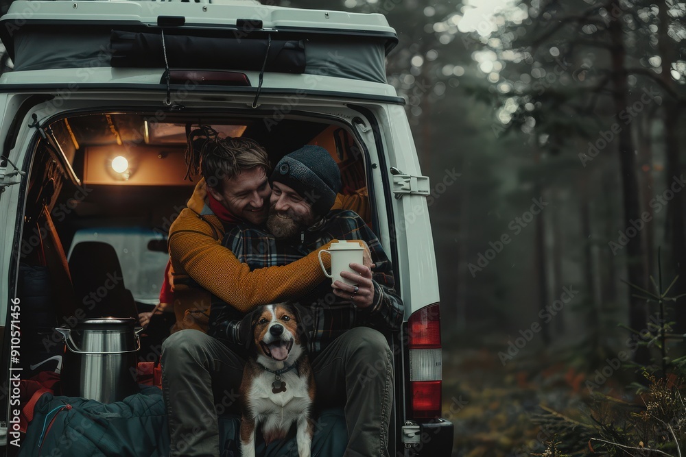 Van-life. Two men and their dog hug in camper van trunk with cup of hot ...