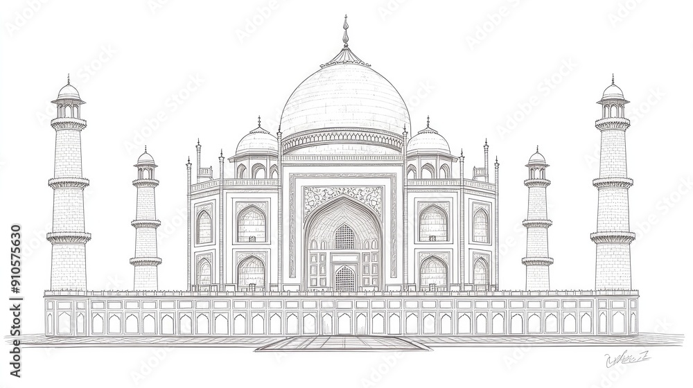 Line art of the Taj Mahal in India, featuring intricate sketch details ...