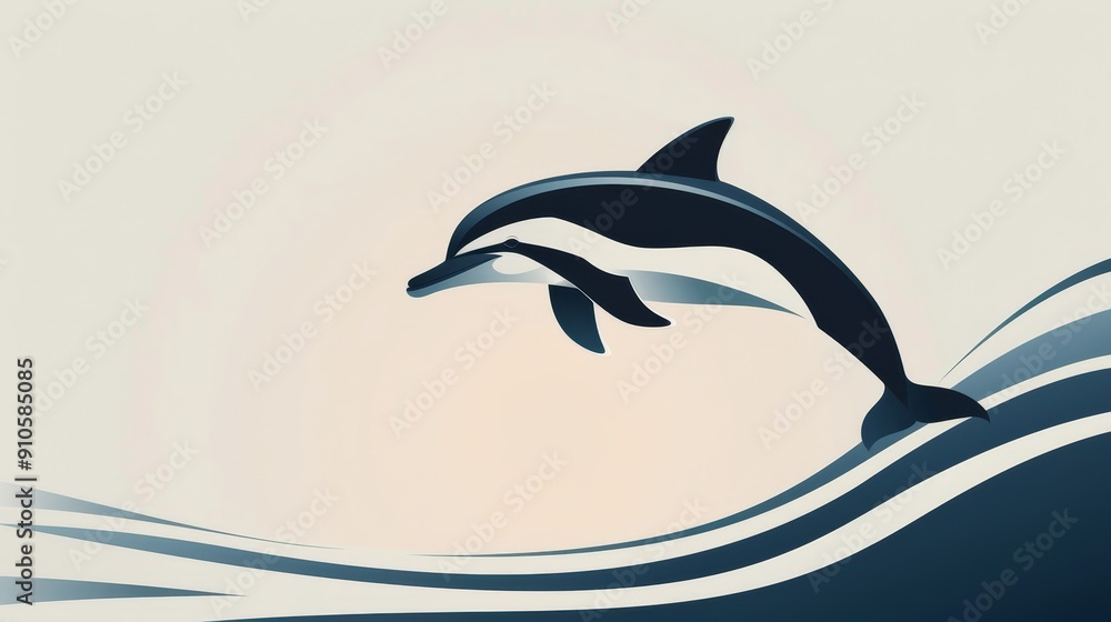 Dolphin soaring out of water, minimalistic, clean design, plain 2D ...