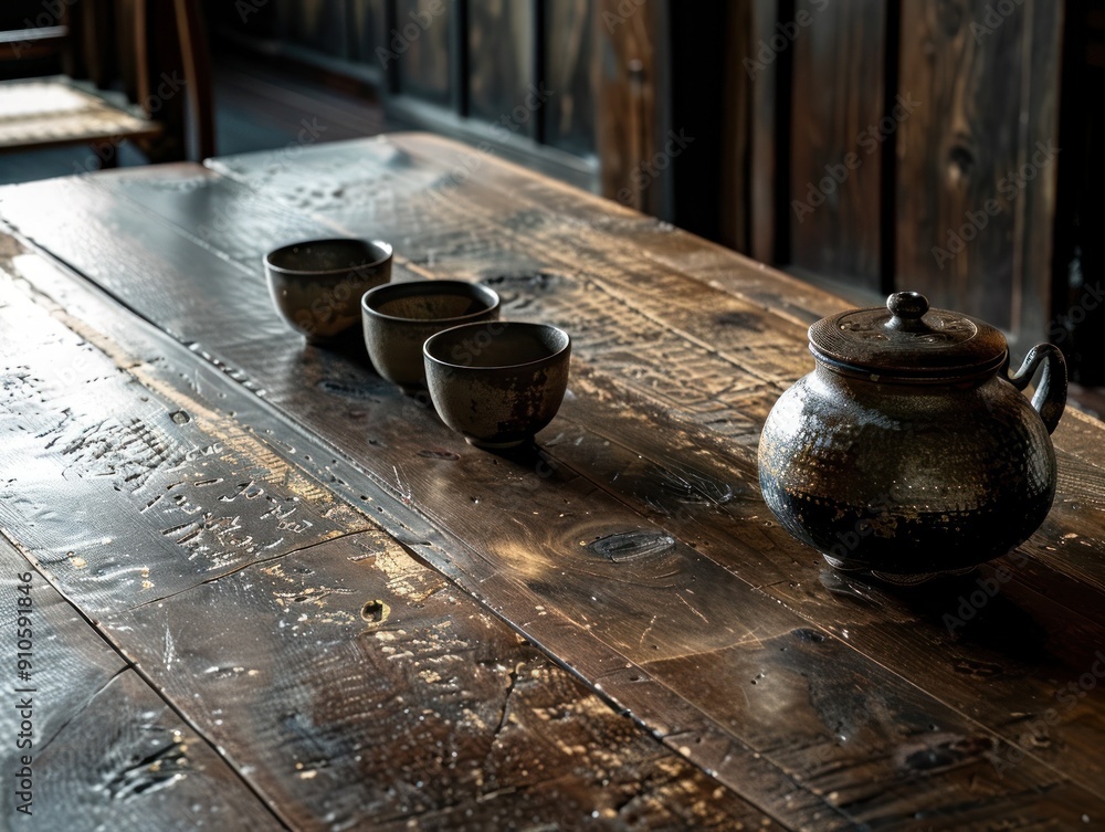 Kintsugi technique, Japanese tea set, wooden table, ceramic cups ...