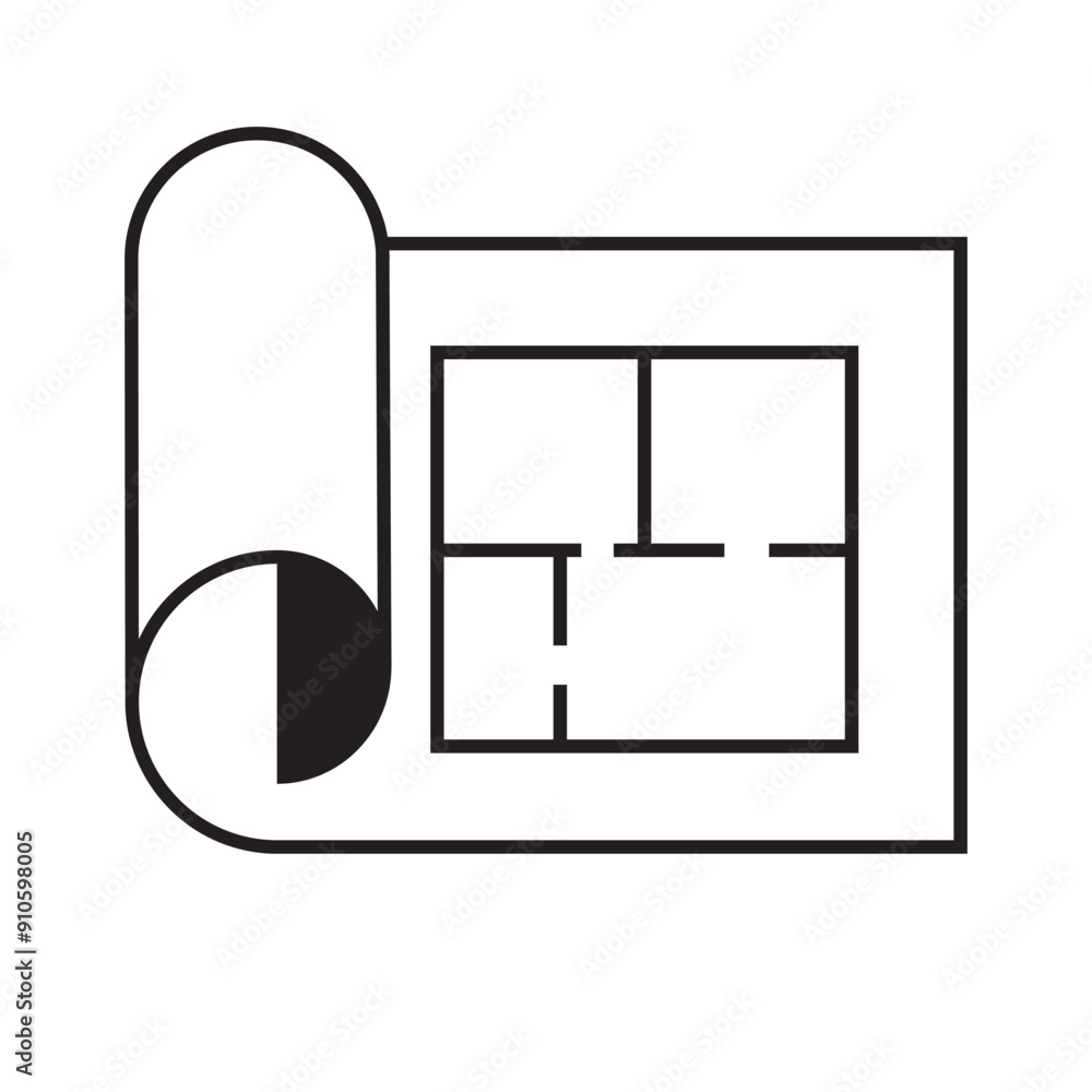 Rolled floor plan. Black outline drawing. Architectural Vector symbol ...