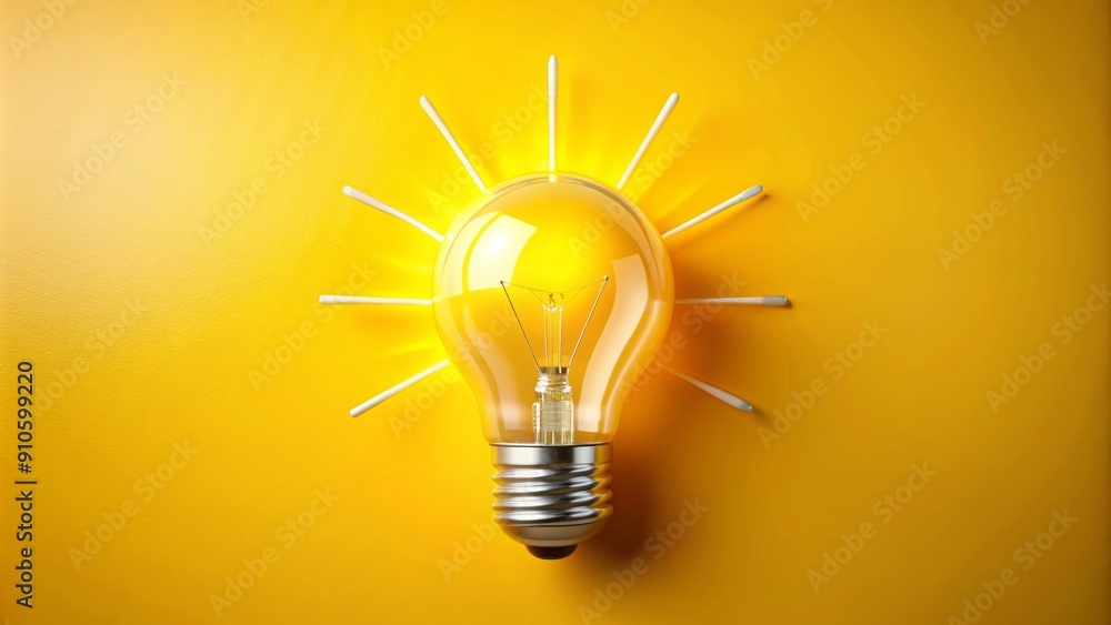 Vibrant yellow background highlights a glowing incandescent light bulb ...
