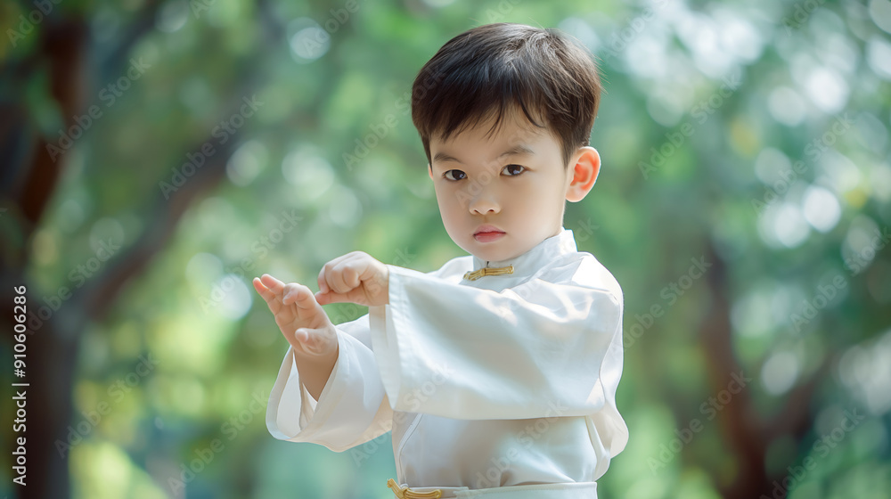 A close-up of a Chinese child in a park, wearing traditional Tai Chi ...