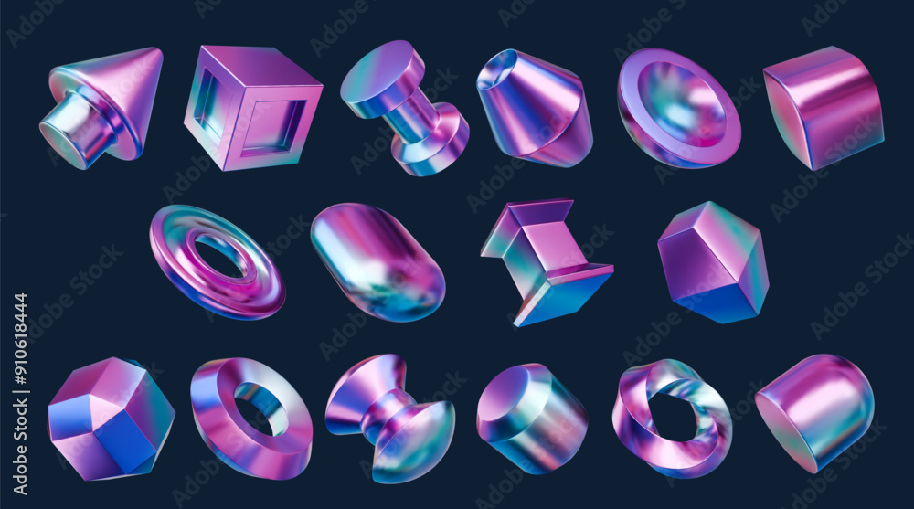 3d holographic iridescent metal shapes, rainbow chrome gradient figures ...