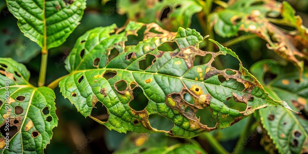 Wilted and damaged leaves with holes and discoloration, showcasing the ...