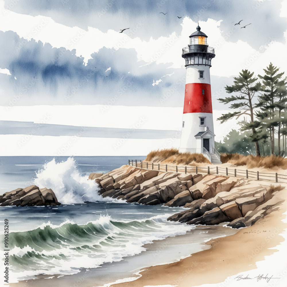 Watercolor Illustration of The Delaware Breakwater Lighthouse at Cape ...