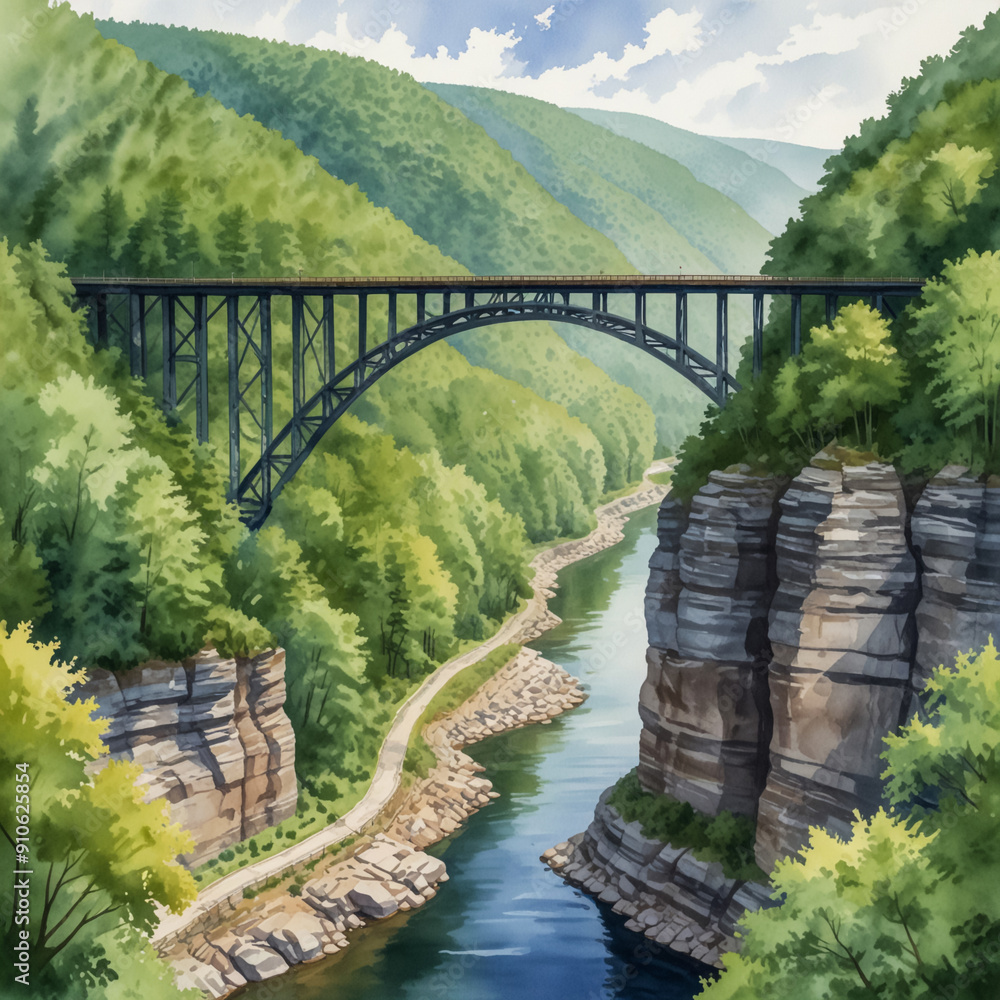 Watercolor illustration of the New River Gorge in West Virginia, a ...