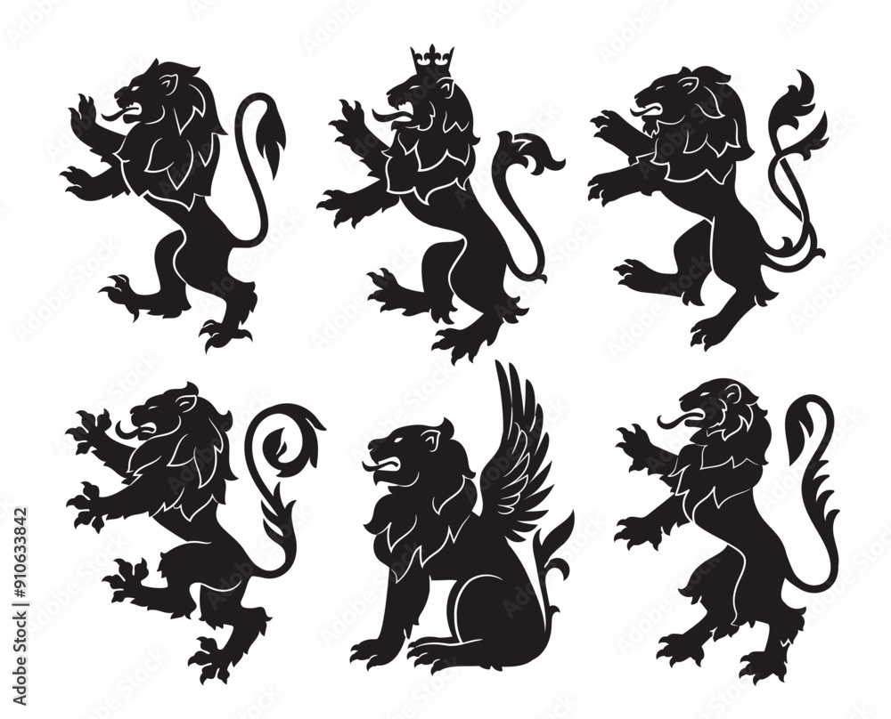 Set of Royal heraldic lions. Black silhouette of rampant lion and ...