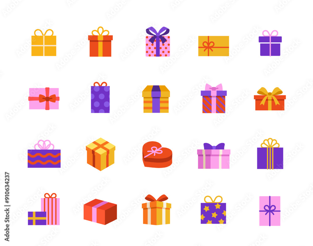 Gift boxes with ribbon icons set. Colorful signs with gift boxes in ...