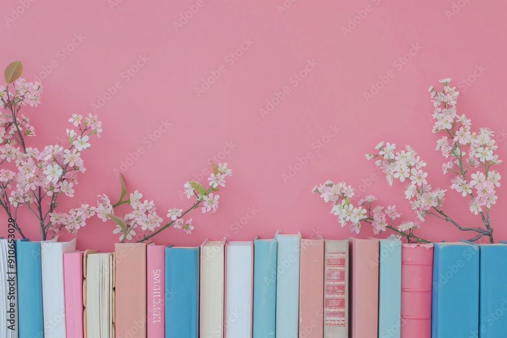 Vintage Books with Floral Arrangement on Pink Background: Charming ...