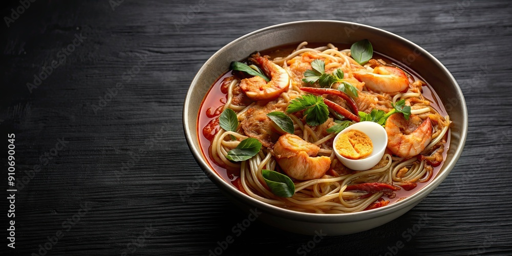Mee Siam Singapore dish of thin rice vermicelli with sour soup on dark ...