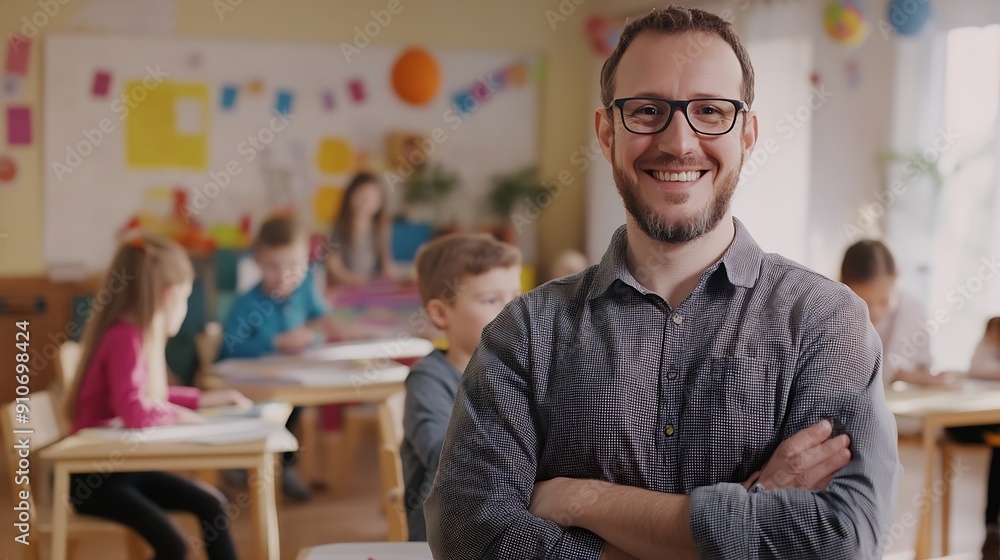 Happy elementary school teacher standing in a classroom with children ...