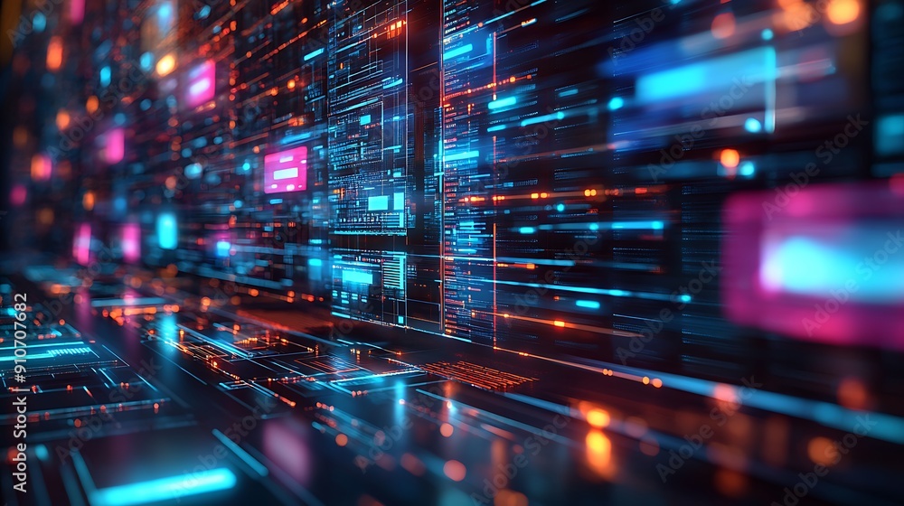 Abstract network grid with files and folders, futuristic software ...