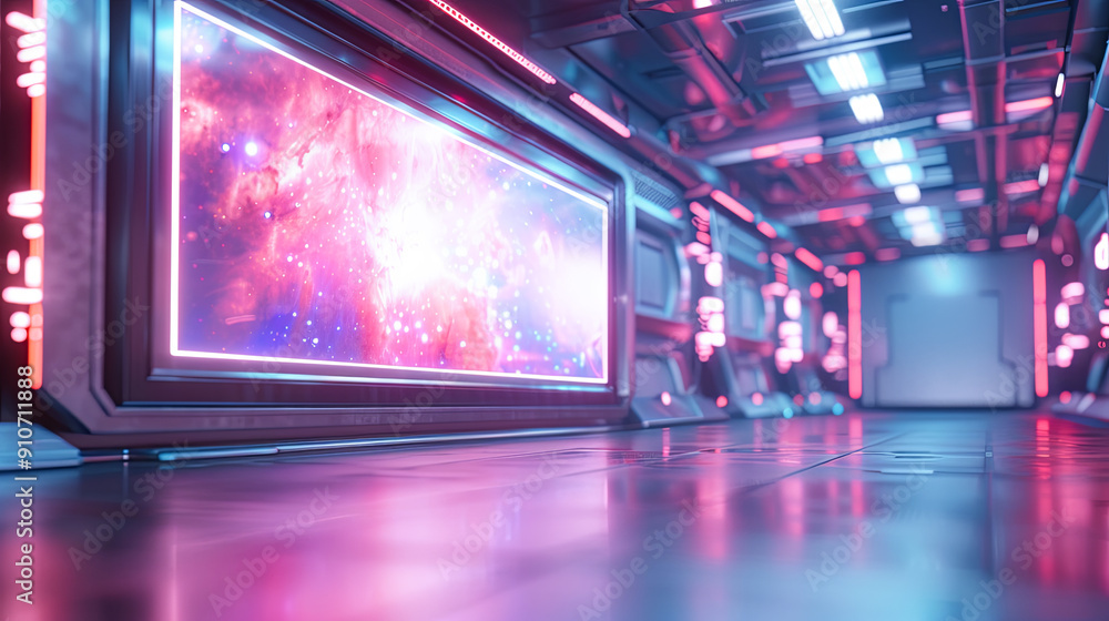 Futuristic spaceship interior corridor with glowing lights and large ...