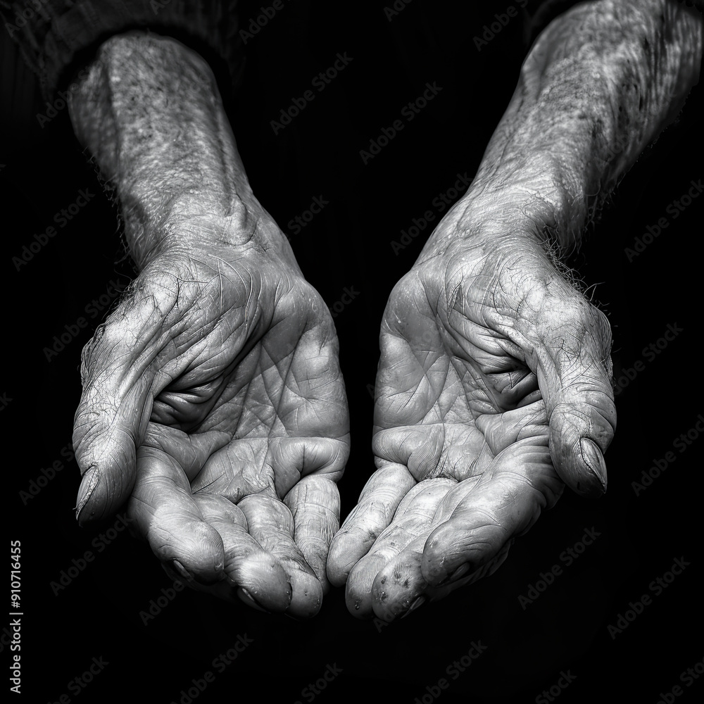 Two open hands of old man on black background concept poverty aged ...
