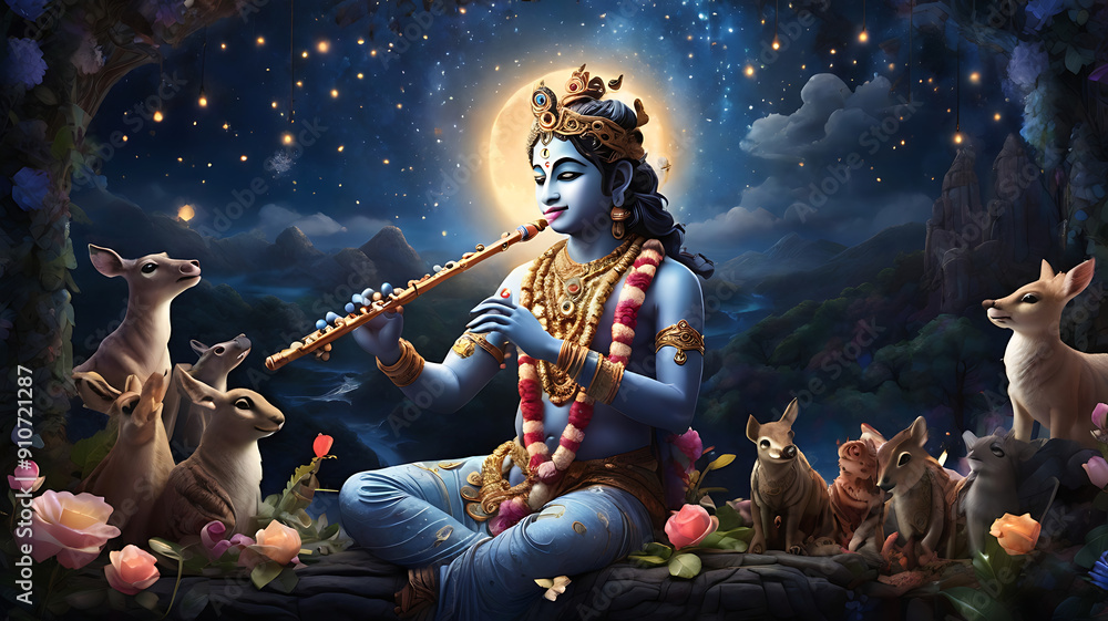 A Divine Illustration of Lord Krishna Playing the Flute Under a Starry Night Sky, Surrounded by ...
