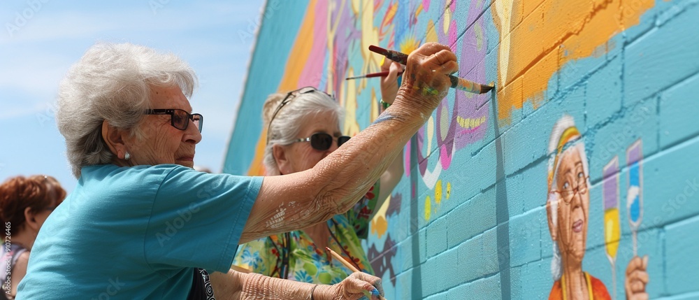 Senior citizens leading a community art project, painting a mural that ...