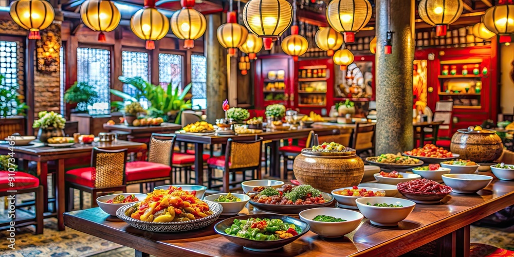 Vibrant and colorful pan-Asian cuisine served at a Chinese restaurant ...