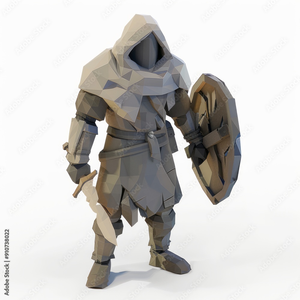 3D Render, Low Poly style of a deserter NPC with a broken shield and ...