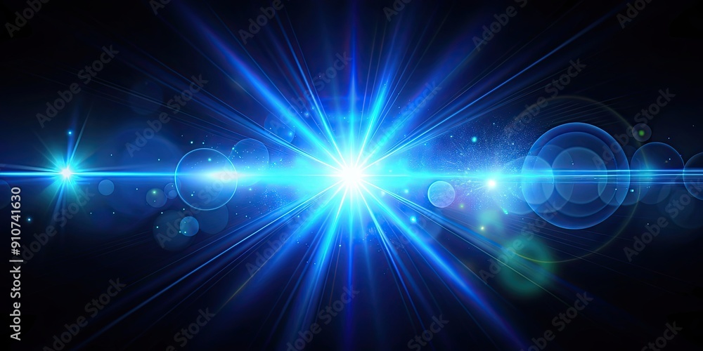 Blue lens flare effect with bokeh and light streak on black background ...