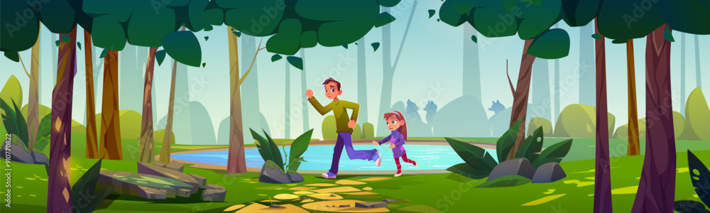 Scared children running from world in forest. Vector cartoon ...