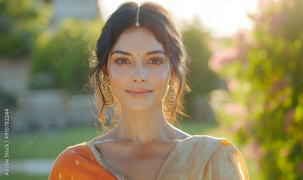 Radiant Indian Woman in Traditional Sari Practicing Yoga Outdoors ...