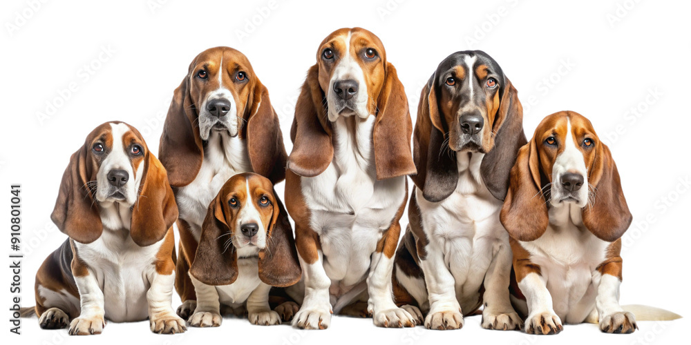 A group of basset hounds sitting and standing together, showcasing ...