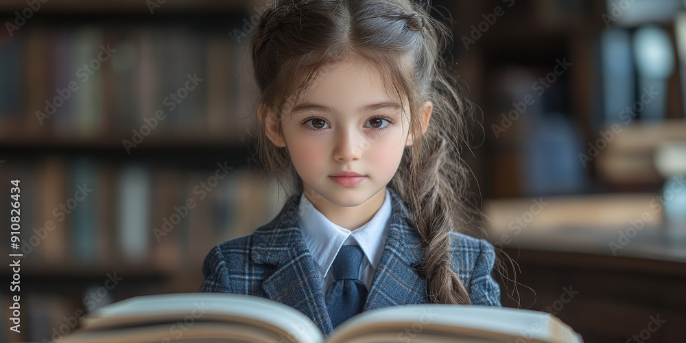 Studious British Schoolgirl in Traditional Uniform Reading in Vintage ...