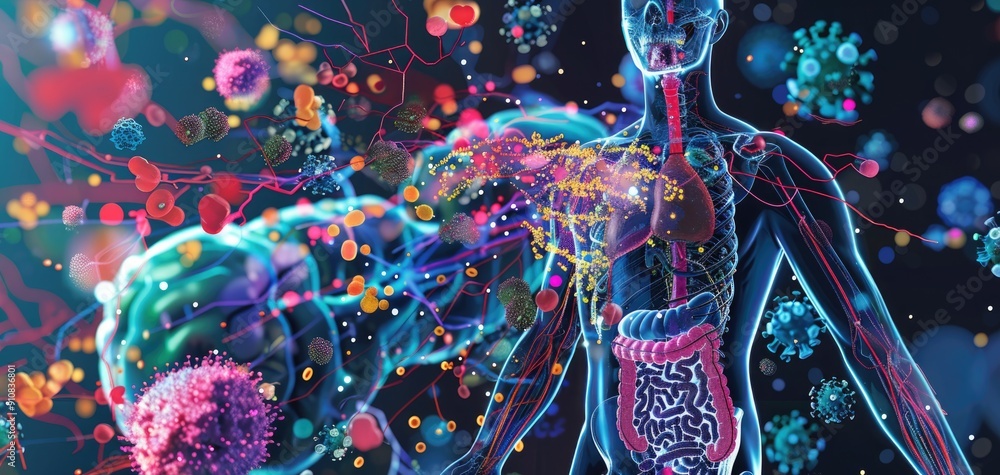 Microbiome ecosystem within the human gut, selective focus microbial ...