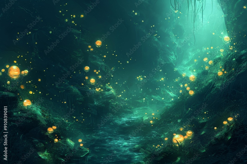 Painting of Fireflies Flying Over River, Sparse, deep-sea environment ...
