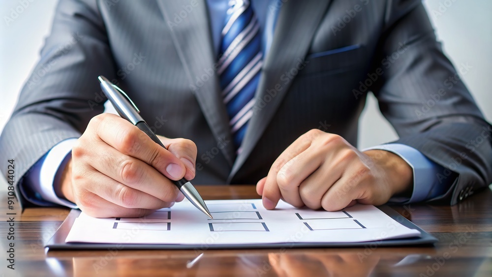 Scene features a businessman finalizing a project checklist with a ...