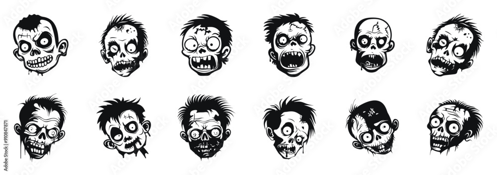 Zombie heads vector cartoon illustration. Collection of creepy ...