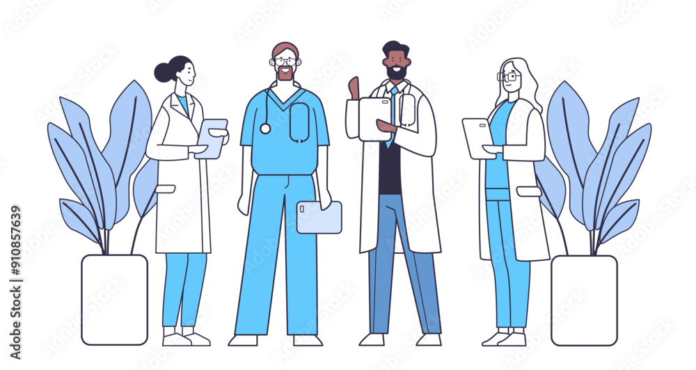 Medical team of doctors and nurses standing with medical charts and ...