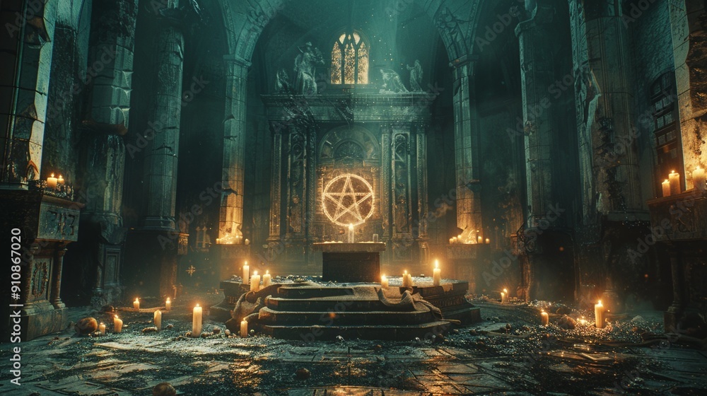 An arcane altar surrounded by occult symbols, with a supernatural glow ...