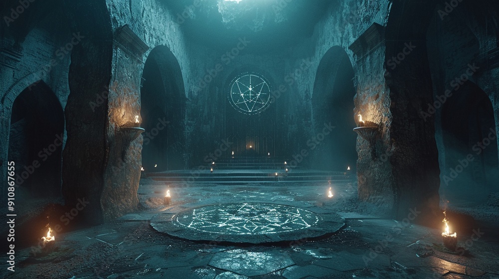 An esoteric ritual in a secretive underground chamber, with eerie ...