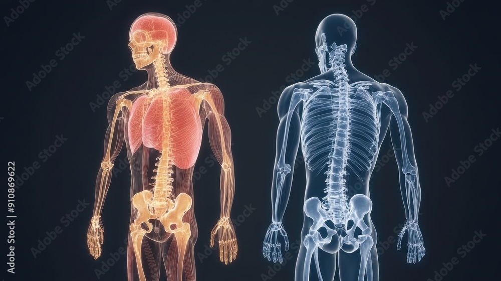 Front and Back View Anatomical Illustration of Human Skeleton with ...